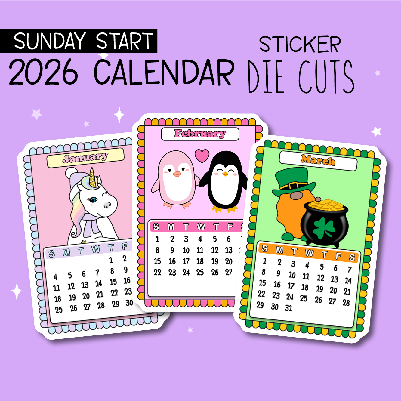 2026 Calendar Planner Sticker Die Cuts - Sunday Start – Shine Sticker ...