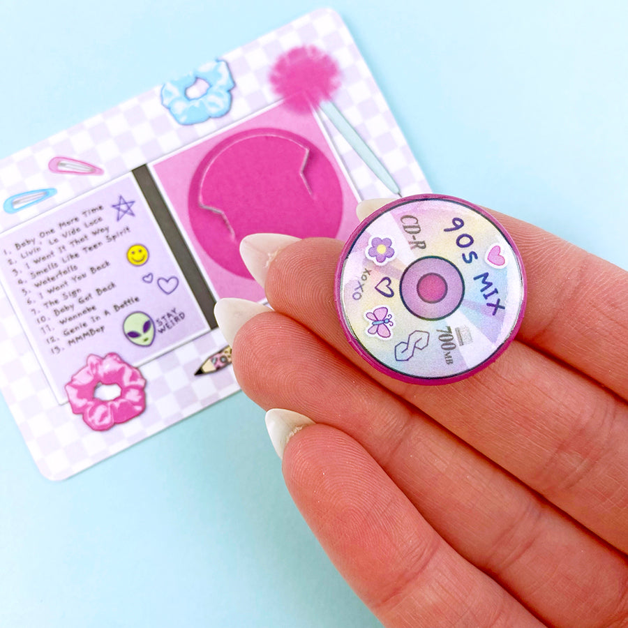 90s Mix CD Button Pin - April Subscription – Shine Sticker Studio