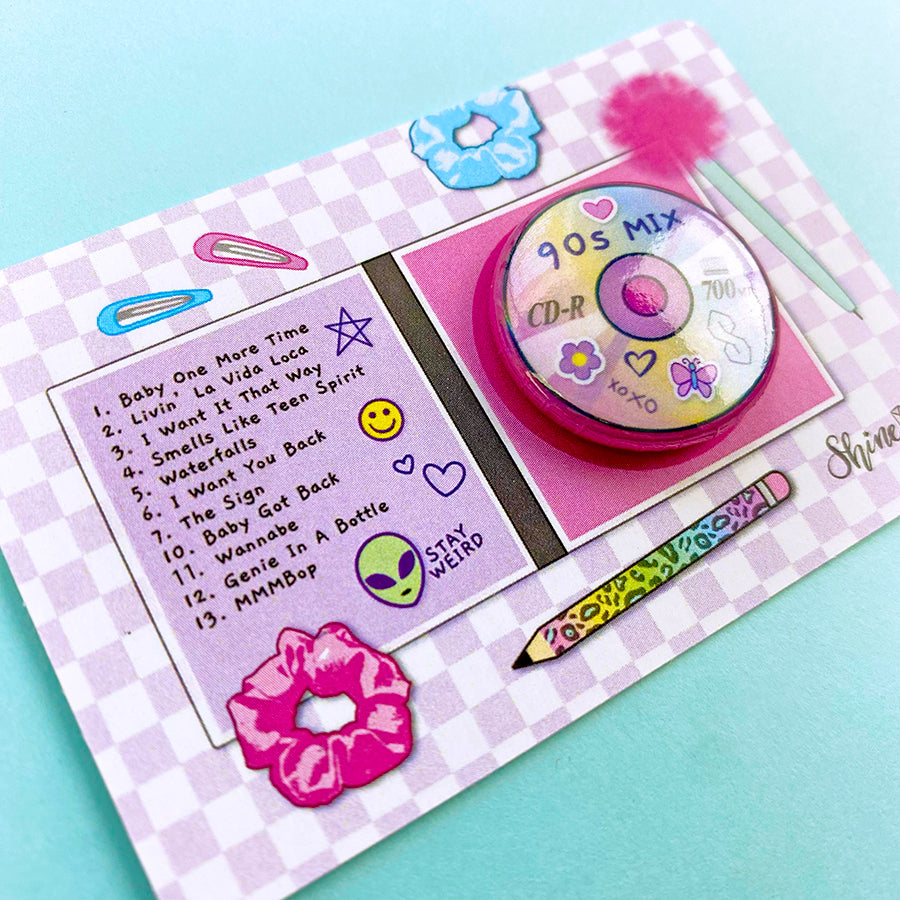 90s Mix CD Button Pin - April Subscription – Shine Sticker Studio