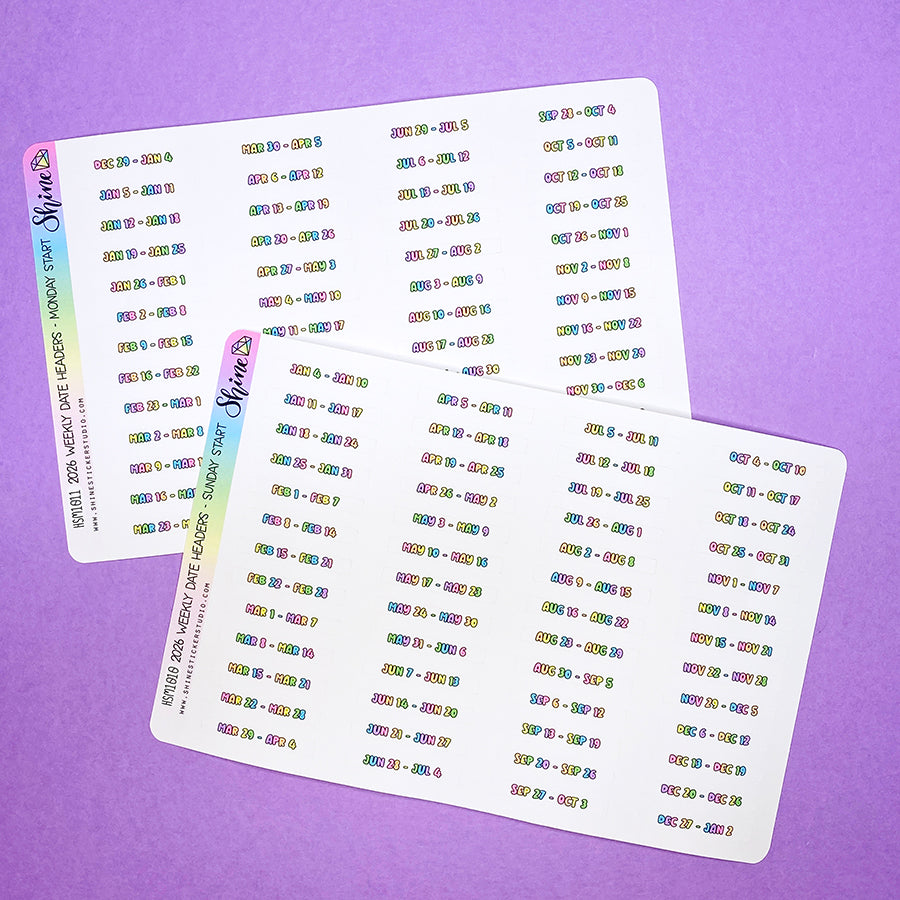 2026 Weekly Date Stickers - Sunday or Monday Start – Shine Sticker Studio