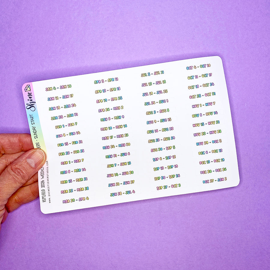 2026 Weekly Date Stickers - Sunday or Monday Start – Shine Sticker Studio