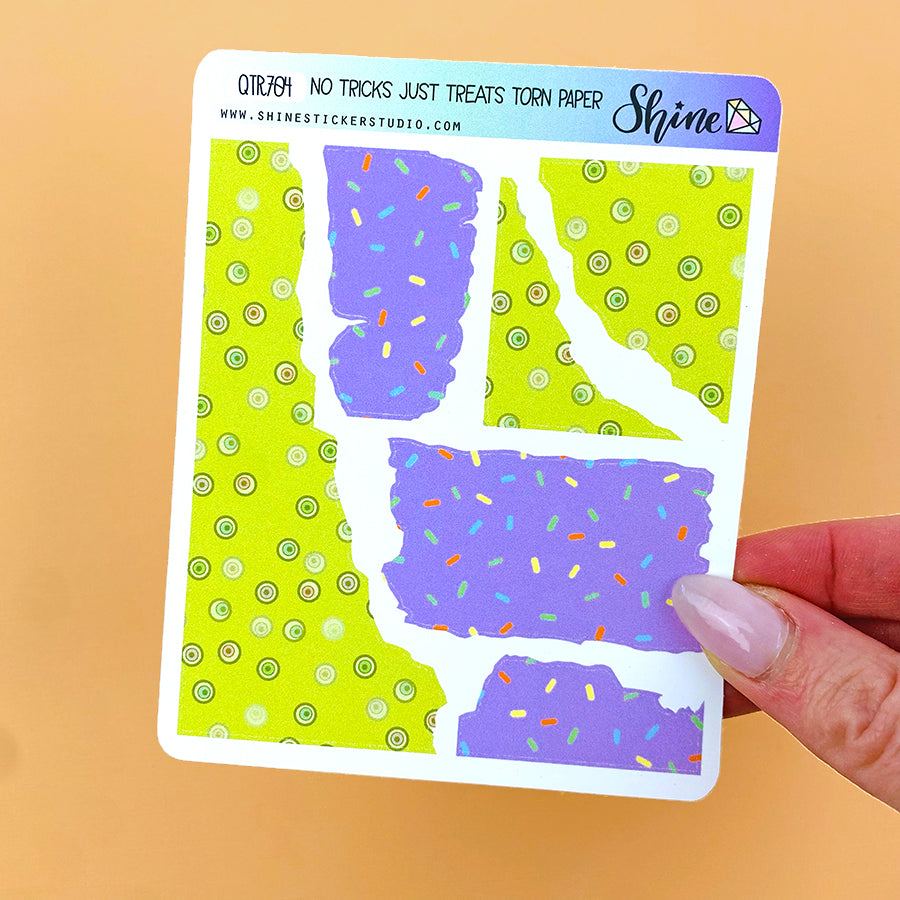 No Tricks Just Treats Torn Paper Stickers – Shine Sticker Studio