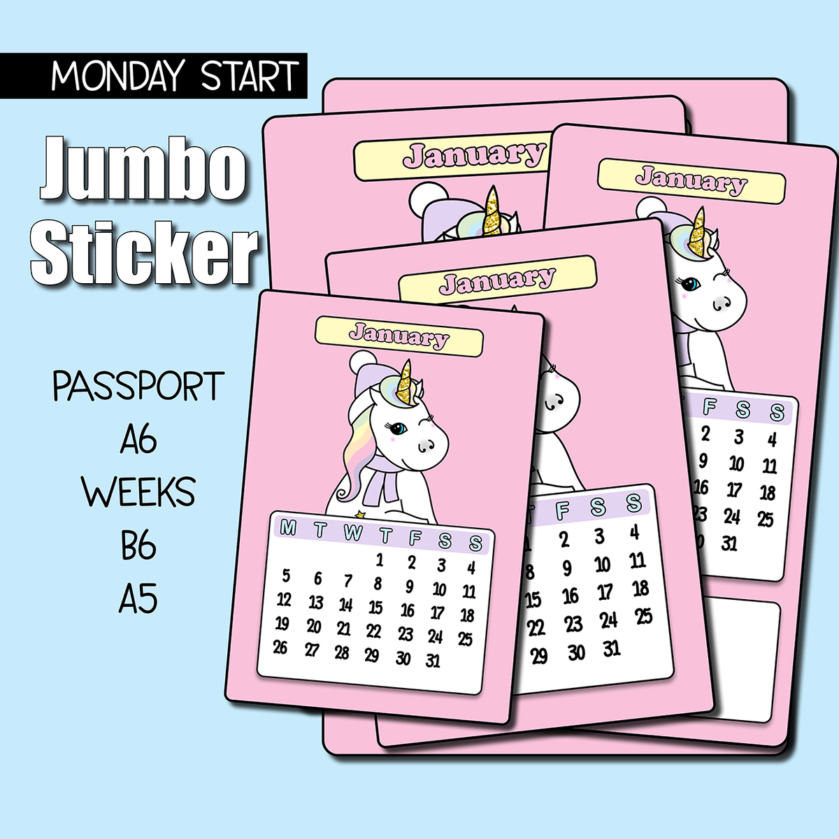 2026 January Calendar Jumbo Sticker - Monday Start – Shine Sticker Studio